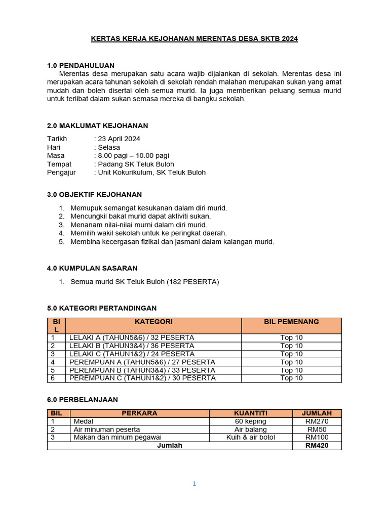 Kertas Kerja Kejohanan Merentas Desa SKTB 2024 | PDF