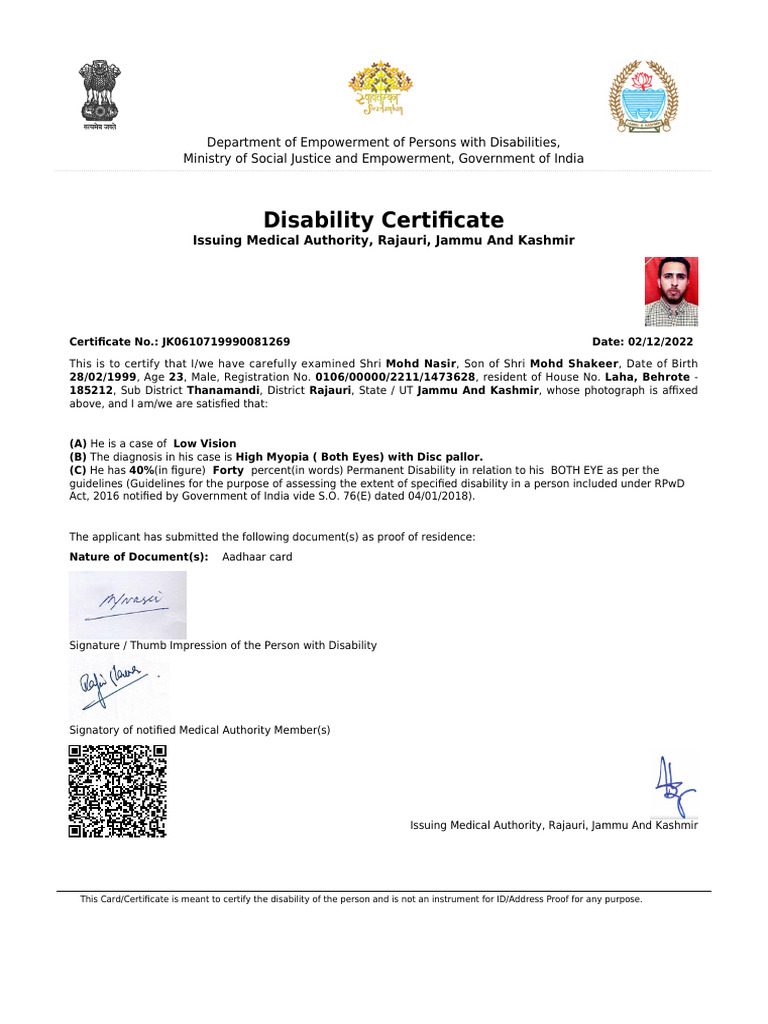 Disability Certificate | PDF