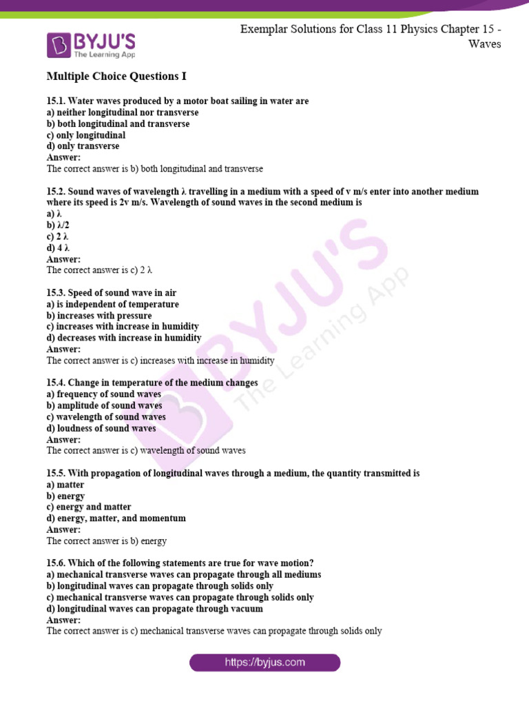 Class 11 Physics Waves MCQs Solutions | PDF | Waves | Sound