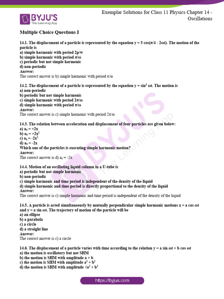 Class 11 Physics Chapter 14: Oscillations MCQs | PDF | Oscillation | Force