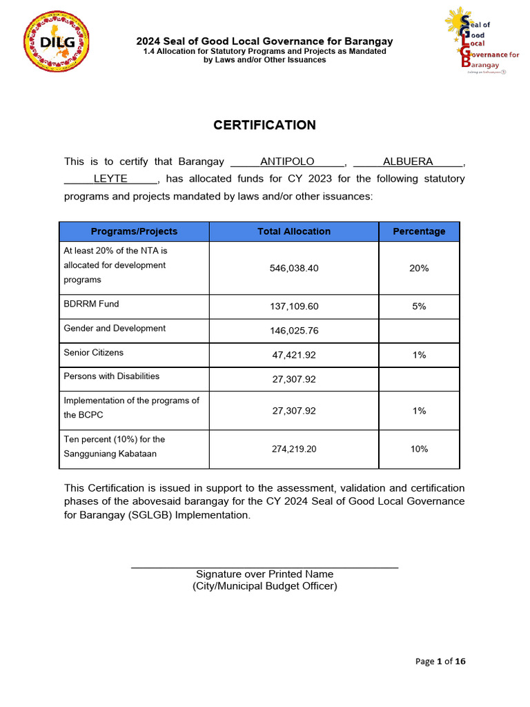 1.4. Certification Allocation For Statutory Programs | PDF | Finance & Money Management