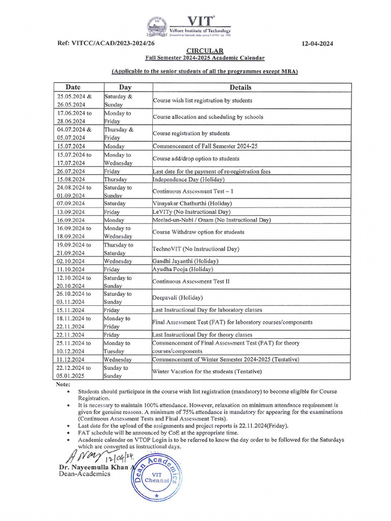Academic Calendar - Fall Semester 2024-2025 | PDF