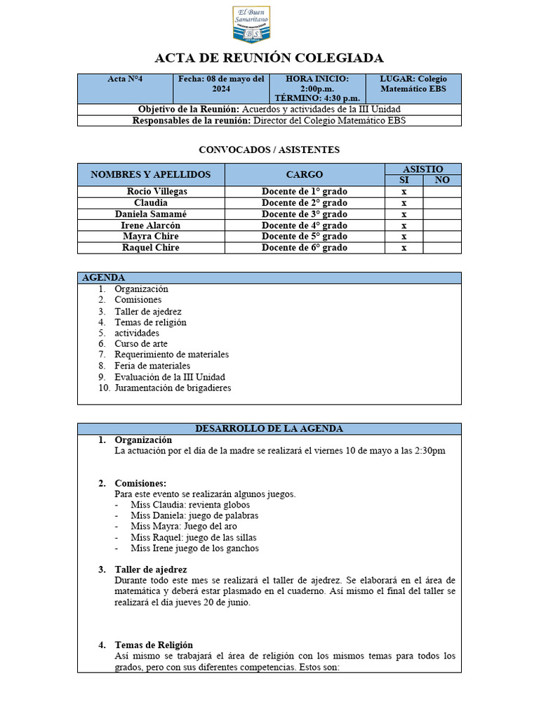 Acta de Reunión Colegiada Ebs N°4 - 2024 | PDF | Isaac
