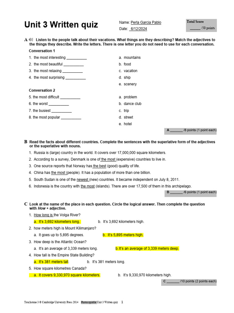 Unit 3 Written Quiz: - /50 Points | PDF | Adjective | Earth Sciences