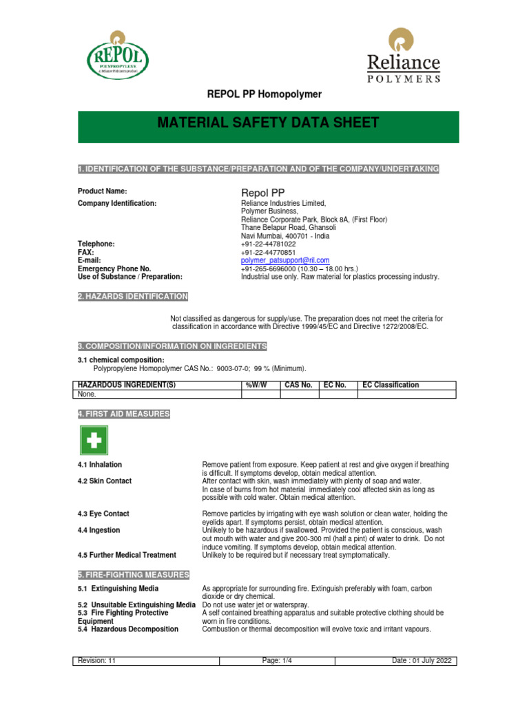 MSDS Repol PP Homopolymer | PDF | Combustion | Waste Management