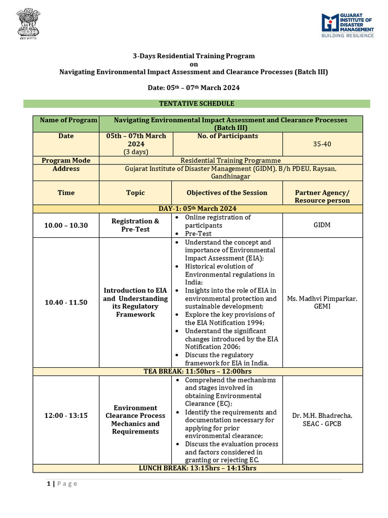 GIDM - EIA Training - March - Tentative Schedule-1 | PDF | Environmental Impact Assessment