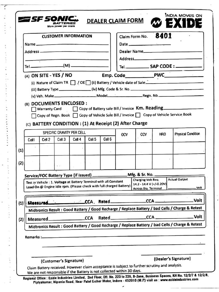 Exide Dealers Claim Form | PDF