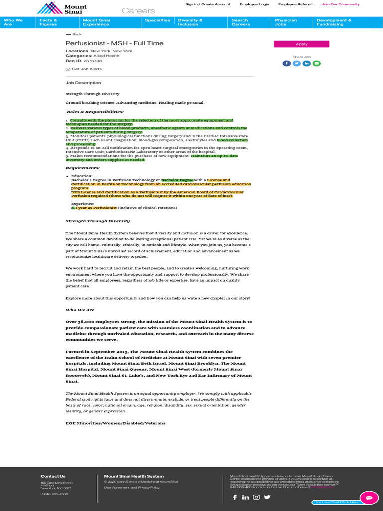 Perfusionist - MSH - Full Time in New York, New York - The Mount Sinai Hospital | PDF | Health ...