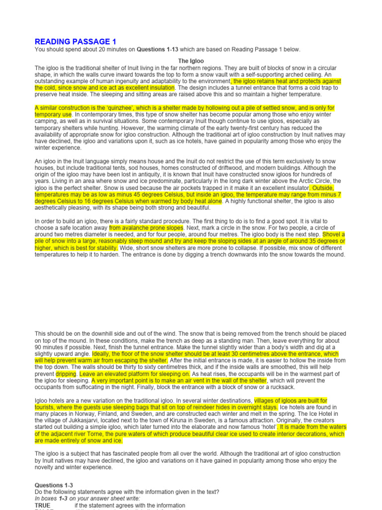 READING PASSAGE 1- THE IGLOO | PDF | Snow | Water Ice