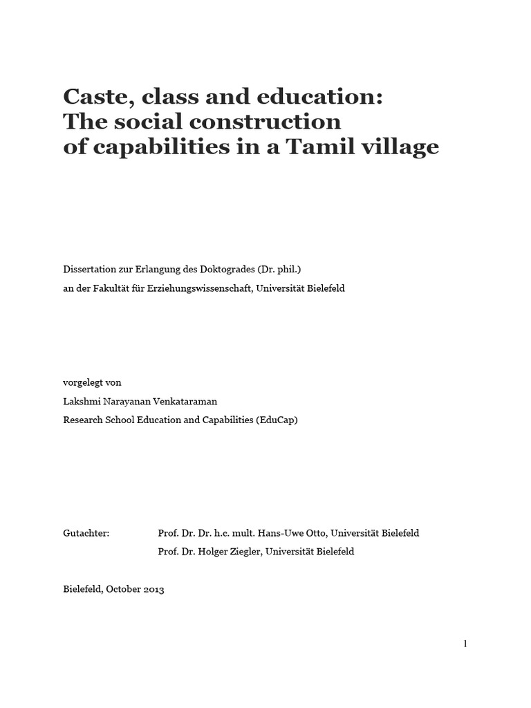 2013 Caste Class and Education The Social Construction of Capabilities in A Tamil Village | PDF ...