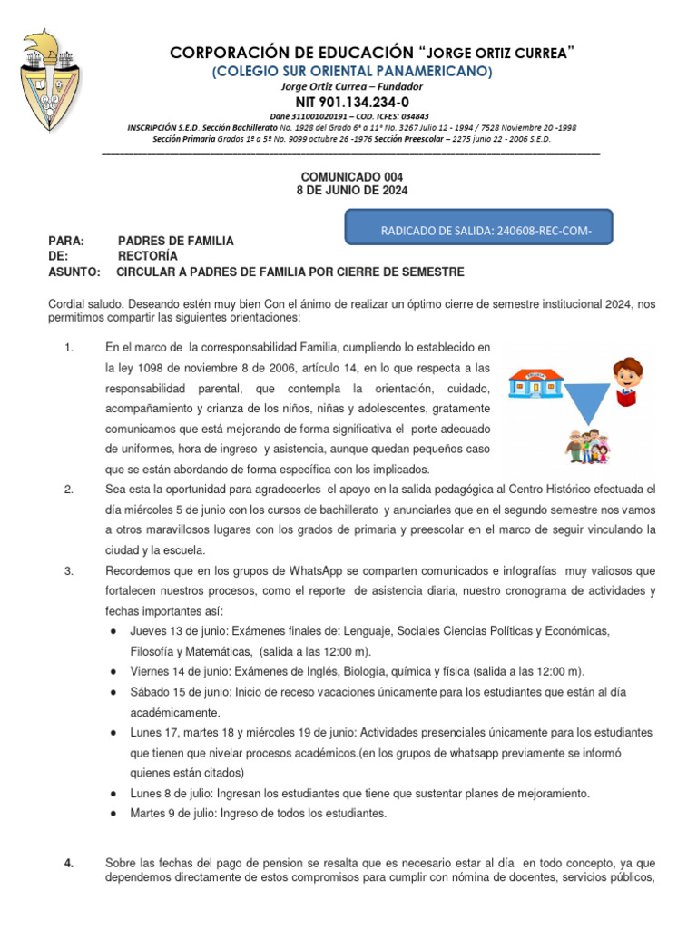 Circular 004 Finalización Semestre 2024 | PDF | Educación de la primera ...