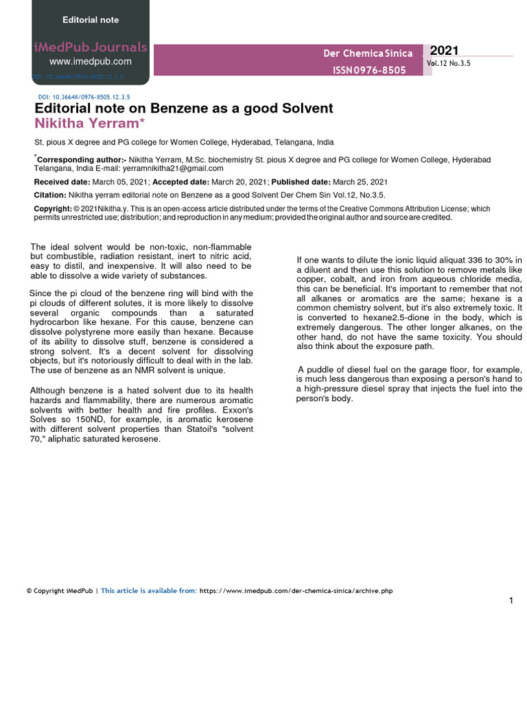 benzene-as-a-good-solvent | Download Free PDF | Solvent | Benzene