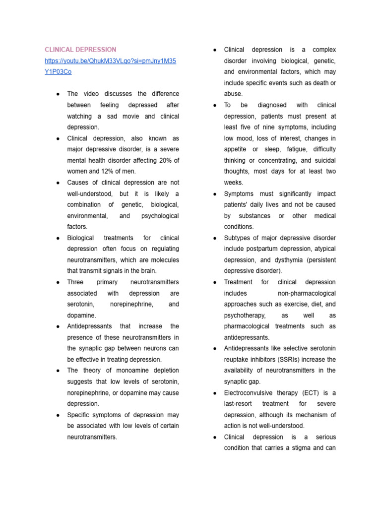 Notes (From Video) | PDF | Major Depressive Disorder | Obsessive ...
