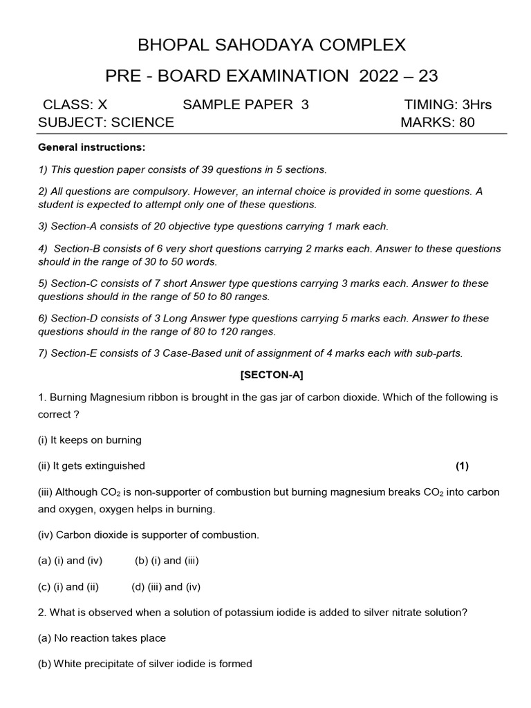 X Cbse Science Sample Paper 3 | PDF | Electrolyte | Acid