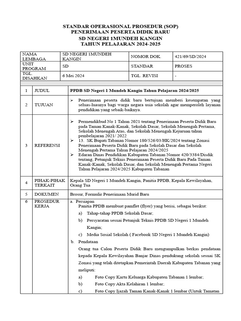 SOP PPDB SD Negeri 1 Mundeh 2024/2025 | PDF