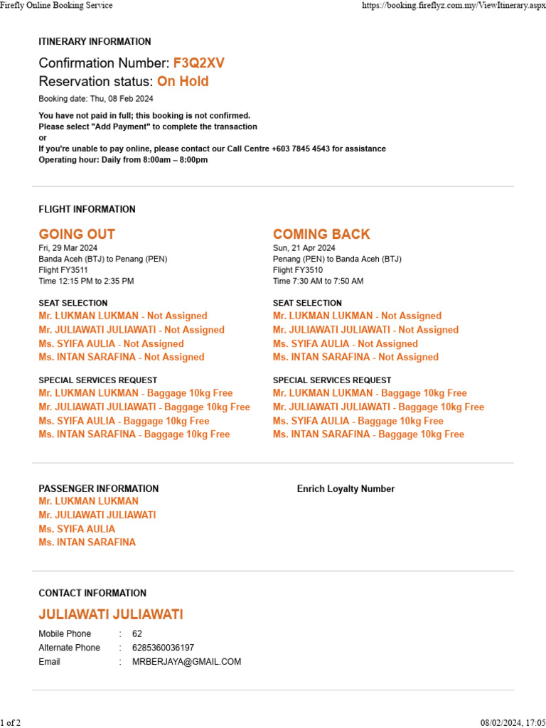 Firefly Online Booking Service | PDF | Fee | Payments