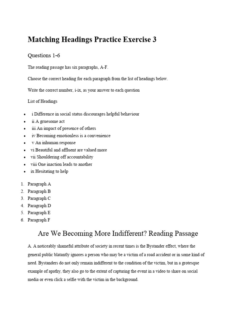 Matching Headings Practice Exercise 3 | PDF | Social Psychology | Behavioural Sciences