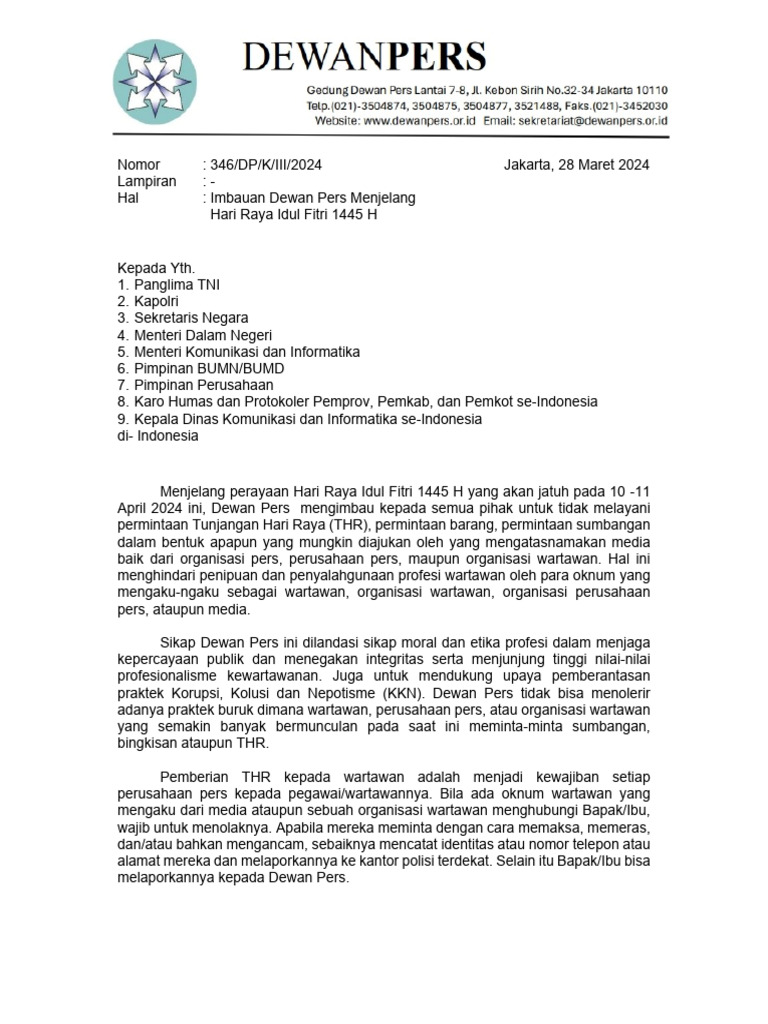 Surat Edaran Dewan PERS Terkait Imbauan Pemberian THR, Tahun 2024 | PDF