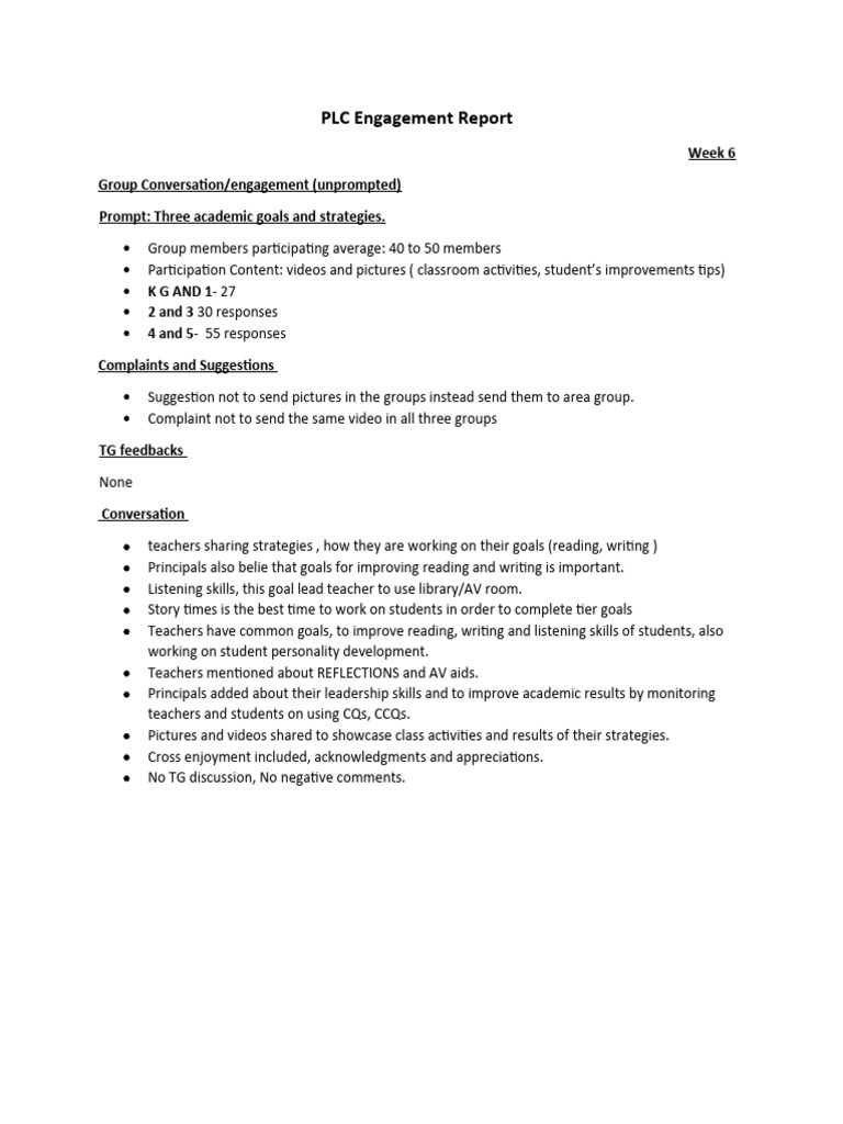 Week 6 PLC Engagement Summary Report | PDF