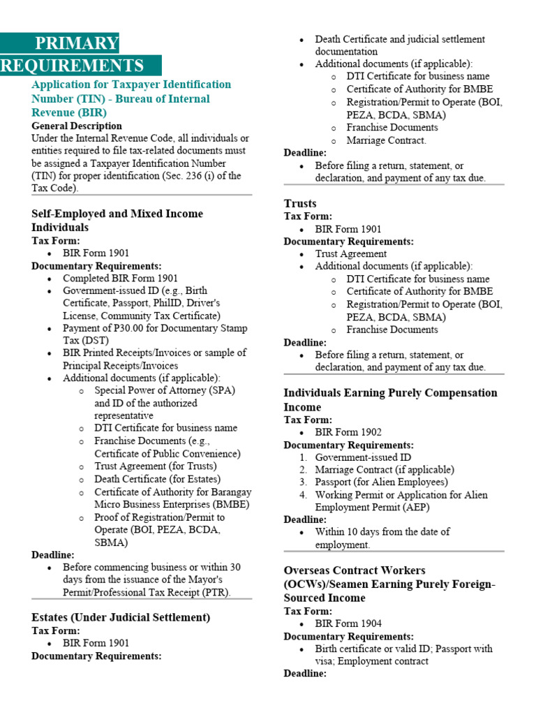 PRIMARY REQUIREMENTS | PDF | Identity Document | Taxes