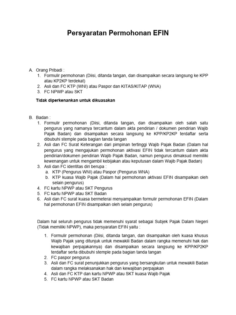 Persyaratan Permohonan EFIN | PDF