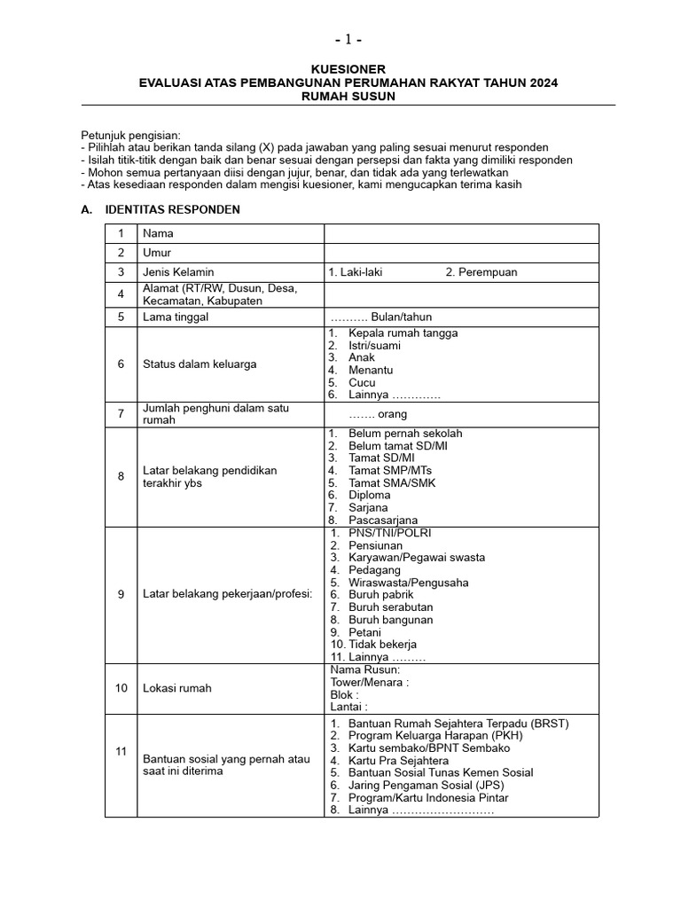 Kuesioner Responden Rumah Susun | PDF