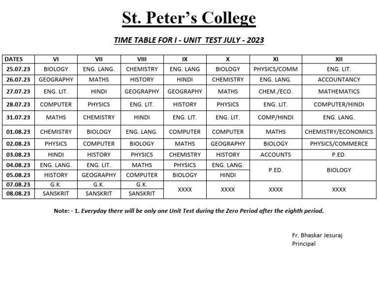 Unit Test Timetable I - Unit Test July - 2023 | PDF