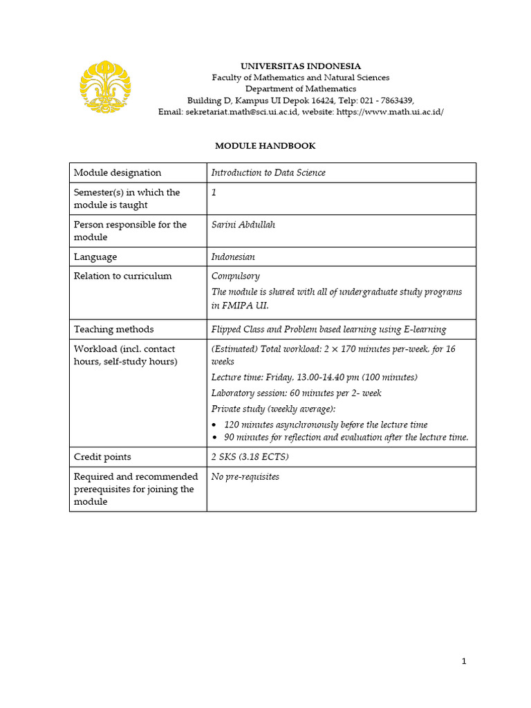 Module Handbook PSD-1 Universitas Indonesia | PDF | Big Data | Data Science