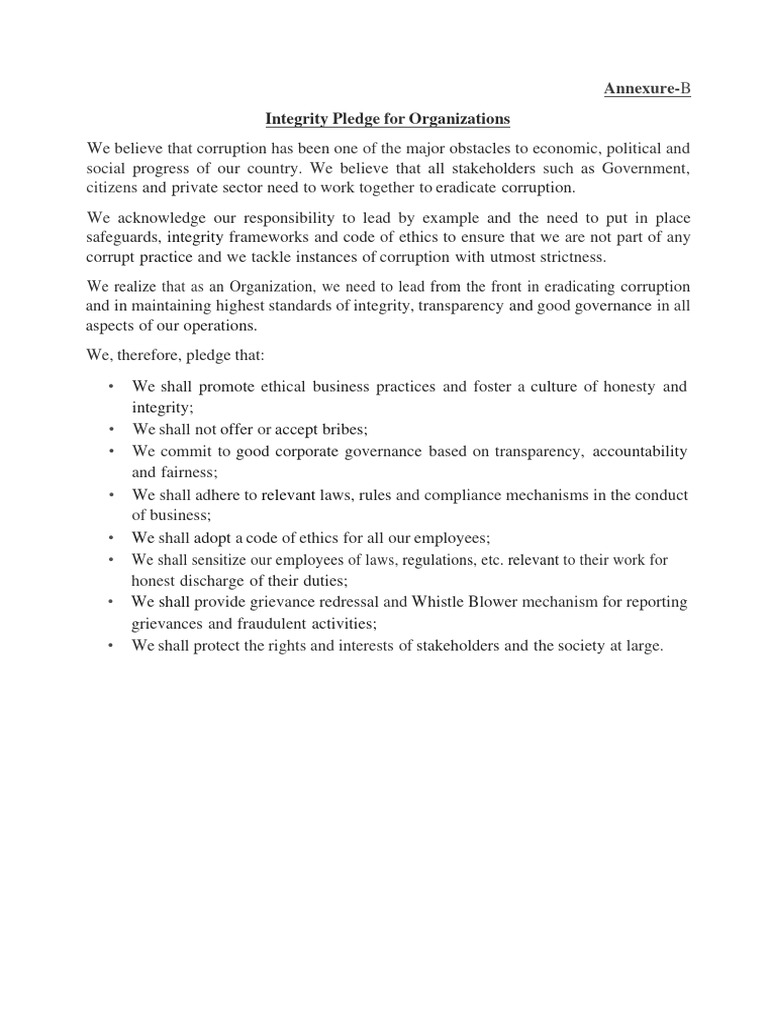 Integrity Pledge For Organizations | PDF