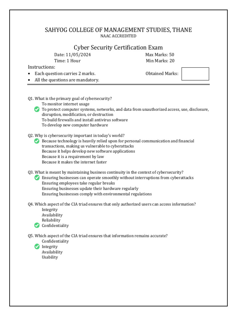 Answer Cyber Security Certification Question Pdf Security Computer Security