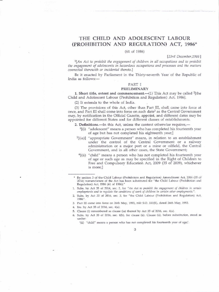 The Child and Adolescent Labour Prohibition Amp Regulation Act 1986 0 ...