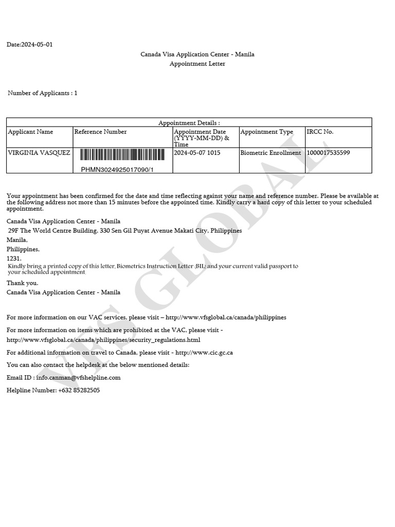 Biometrics Appointment Letter | PDF | Travel Visa | Information