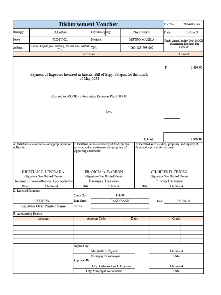 Disbursement Voucher - PLDT Inc., (New Term) | PDF | Payments | Taxpayer