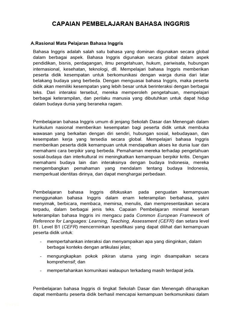Capaian Pembelajaran Bhs - Inggris | PDF | Karier & Perkembangan | Seni & Disiplin Bahasa