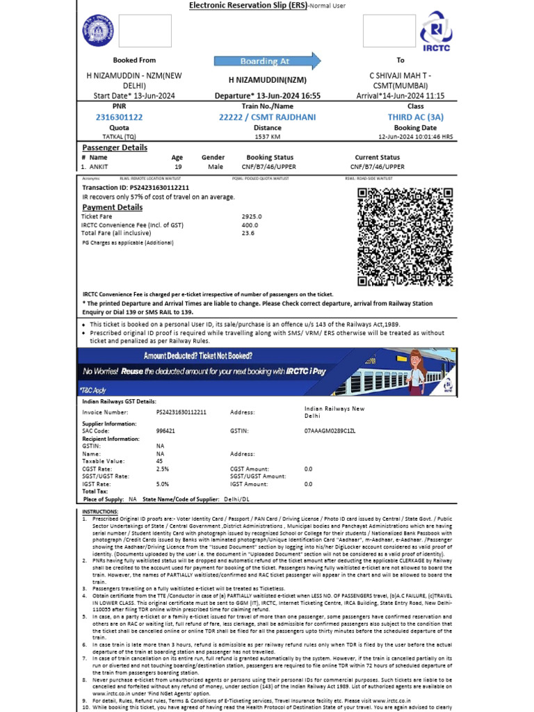 Print NZM CSMT 2316301122 | PDF | Identity Document