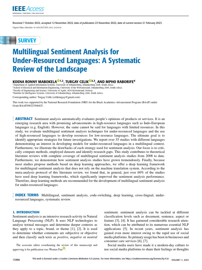 Multilingual Sentiment Analysis For Under-Resourced Languages: A Systematic Review of The ...