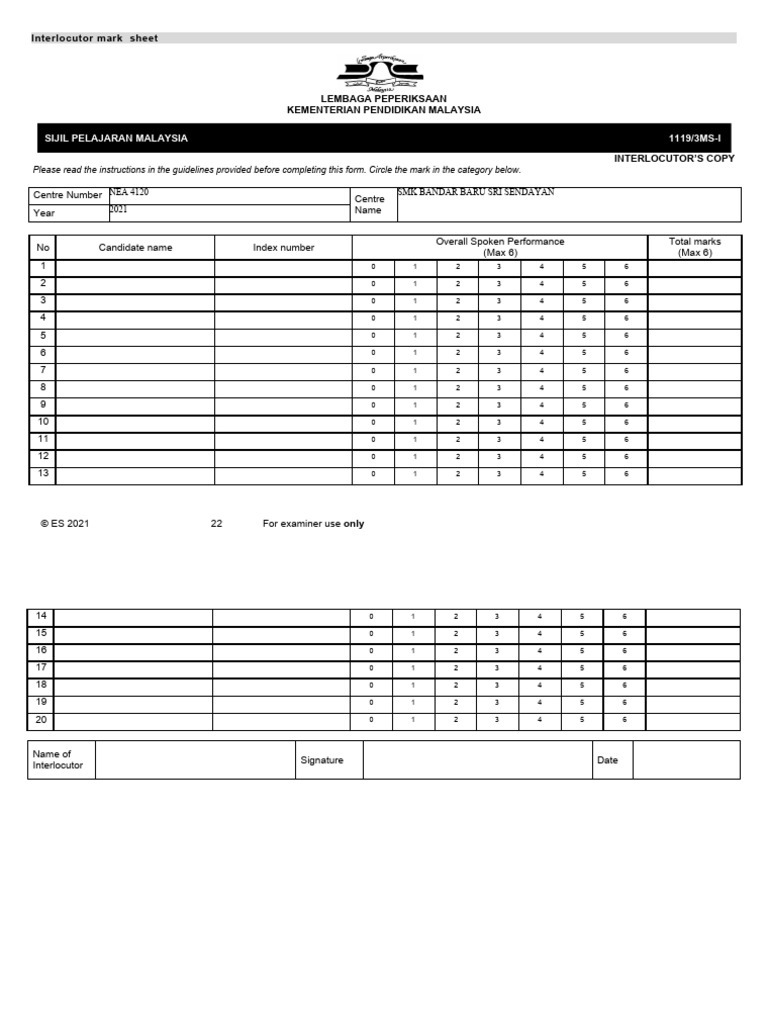 Interlocutor Mark Sheet | PDF