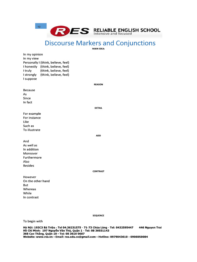 Discourse Markers and Conjunctions | PDF