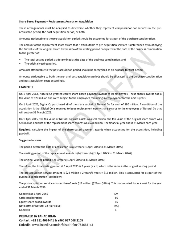IFRS-2 Share-Based Payment - Replacement Awards On Acquisition Summary ...