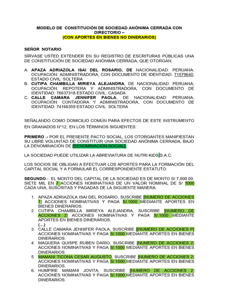 Formato de Minuta SAC Con Directorio Aporte Bienes | PDF | Sociedad de responsabilidad limitada ...