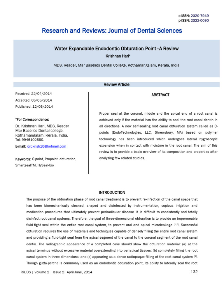 Water Expandable Endodontic Obturation Pointa Review | PDF | Materials ...
