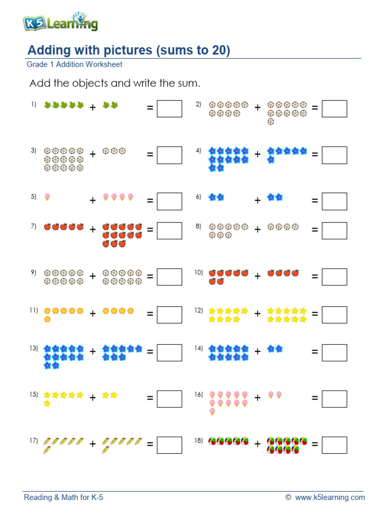 Grade 1 Addition Worksheet: Sums to 20 | PDF