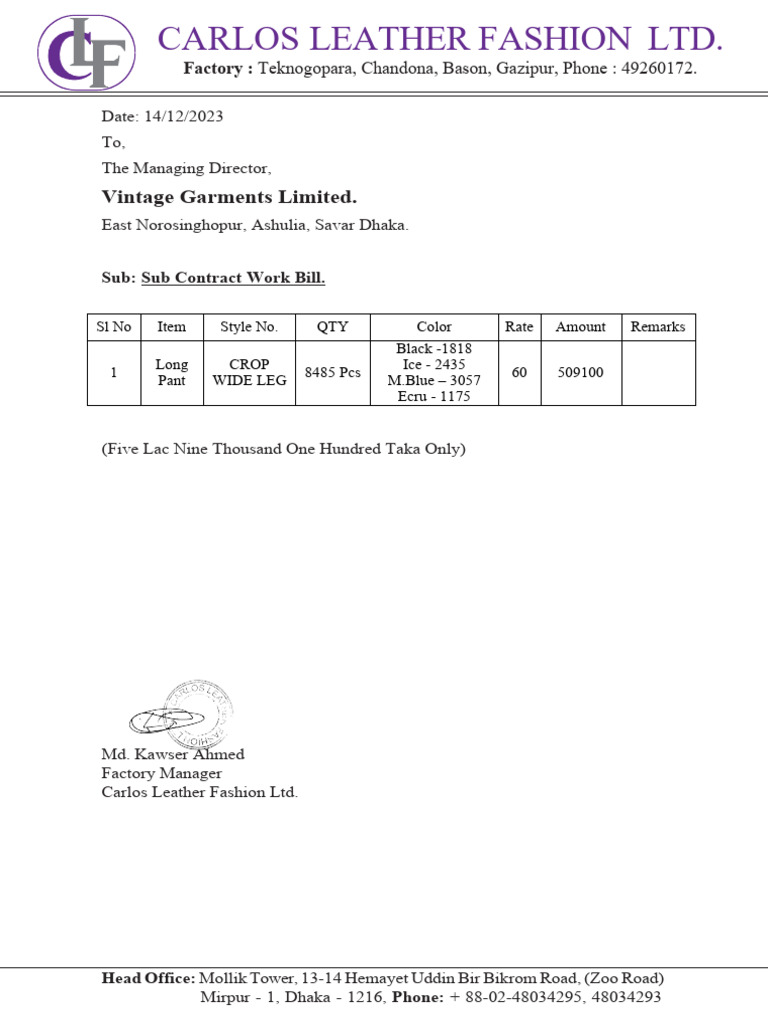 Vintage Garments Subcontract Bill | PDF
