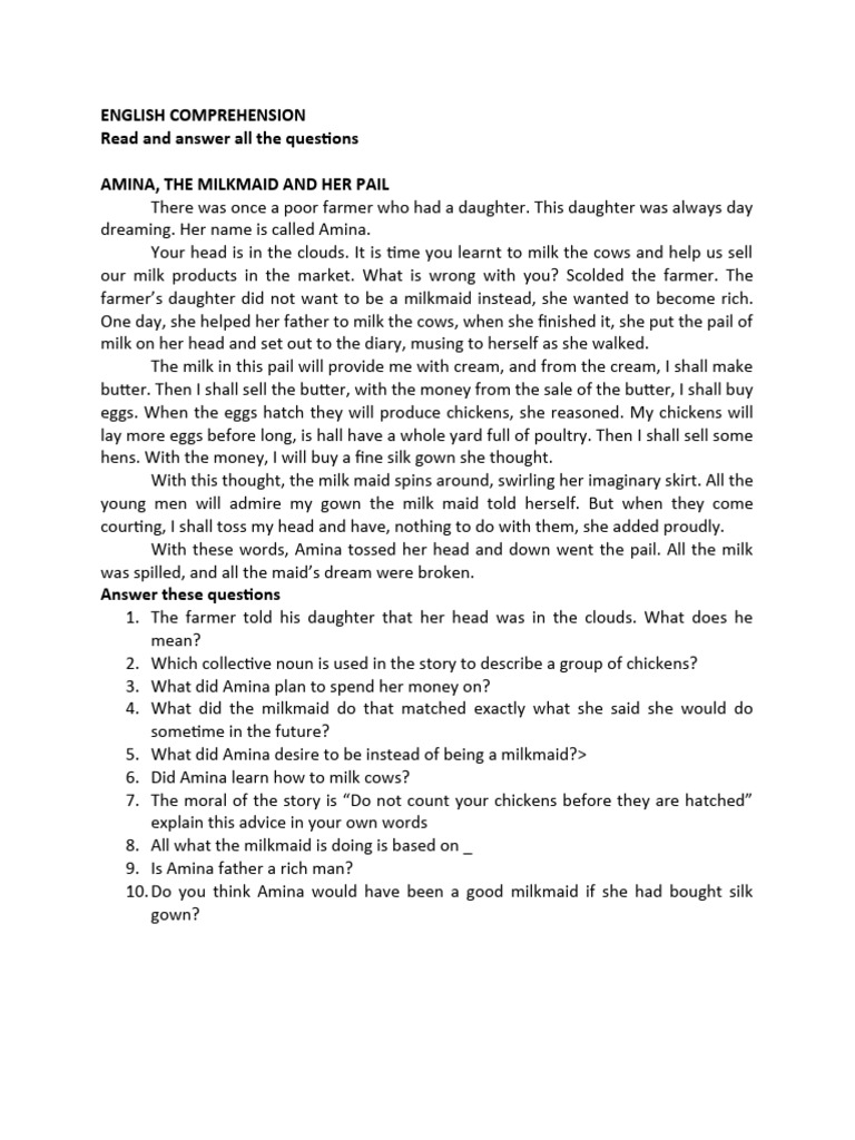 Amina the Milkmaid: A Comprehension Guide | PDF | Wellness | Poetry