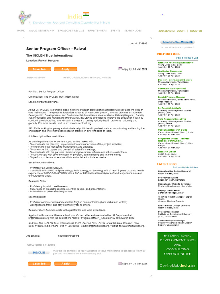 Senior Program Officer Position in Palwal | PDF | Career & Growth ...