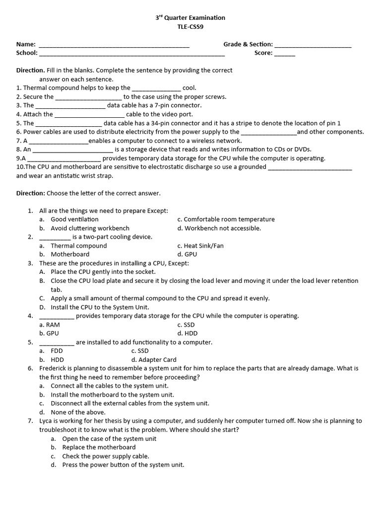 3rd Quarter Examination - CSS9 | PDF | Booting | Electrical Connector