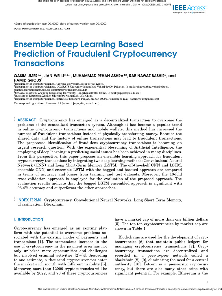Ensemble Deep Learning Based Prediction of Fraudul | PDF | Machine Learning | Cryptocurrency