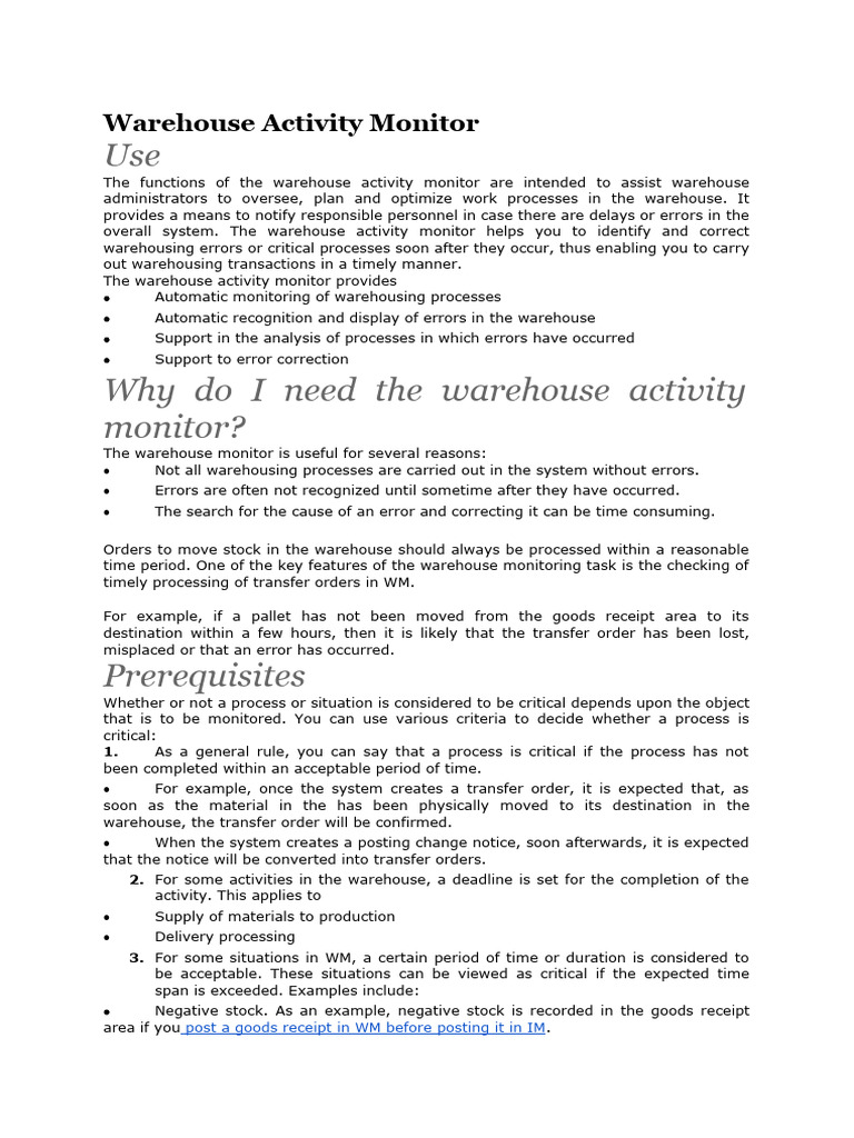 Warehouse Activity Monitor Overview | PDF | Warehouse | Goods