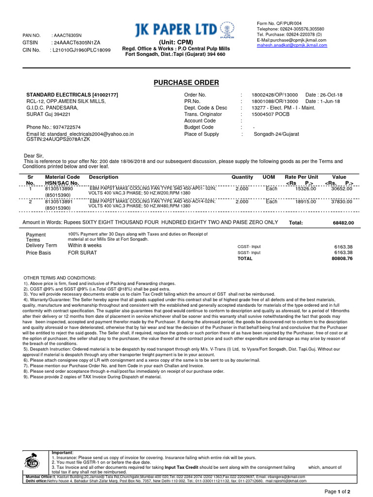 Purchase Order for Electrical Equipment | PDF | Value Added Tax | Receipt