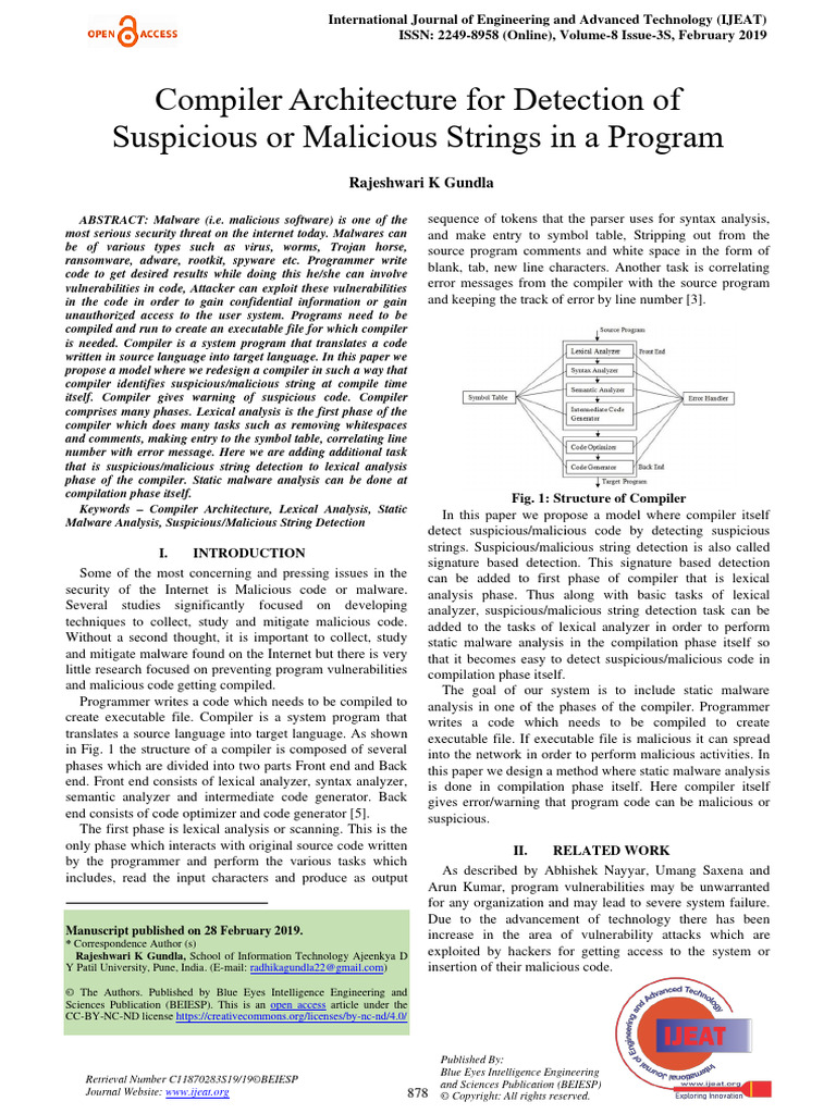 Compiler Architecture For Detection of Suspicious or Malicious Strings in A Program | PDF ...